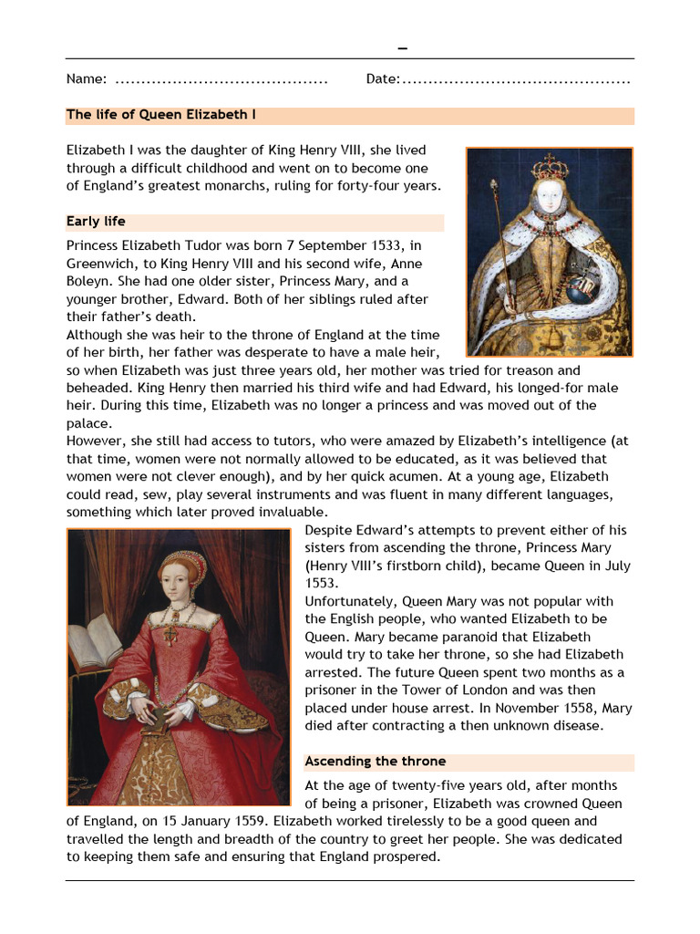 The Life of Queen Elizabeth I Biography and Comprehens | PDF | Anne ...
