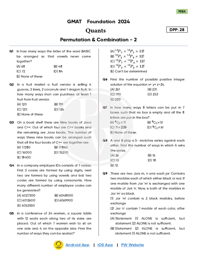 Permutations & Combinations Quiz | PDF | Mathematics