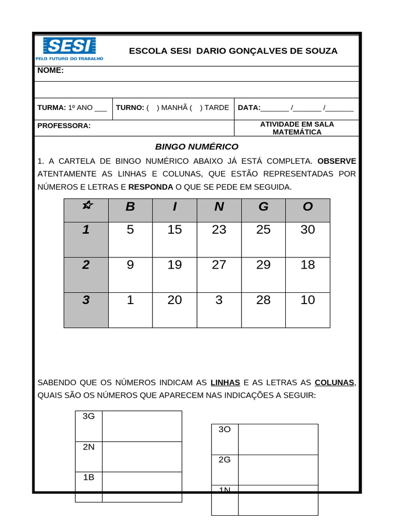 Bingo Numérico para 1º Ano SESI | PDF