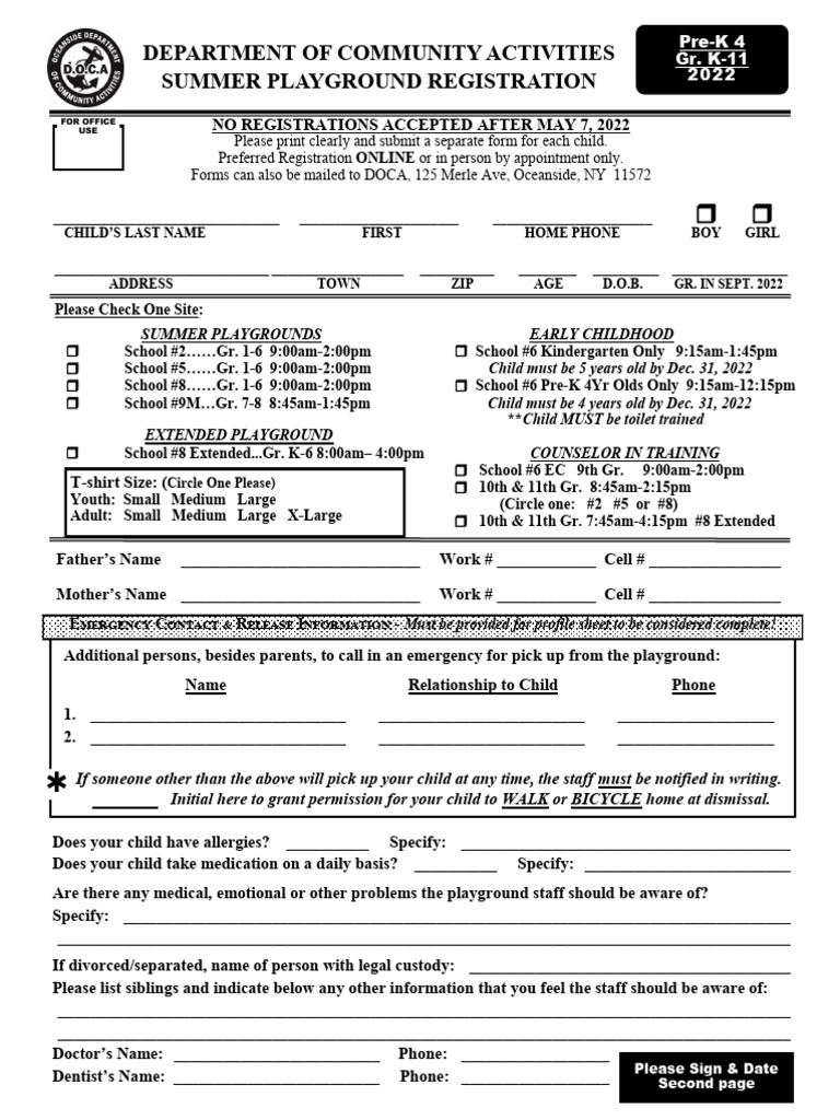 Summer Playground Registration Form 2022 | PDF