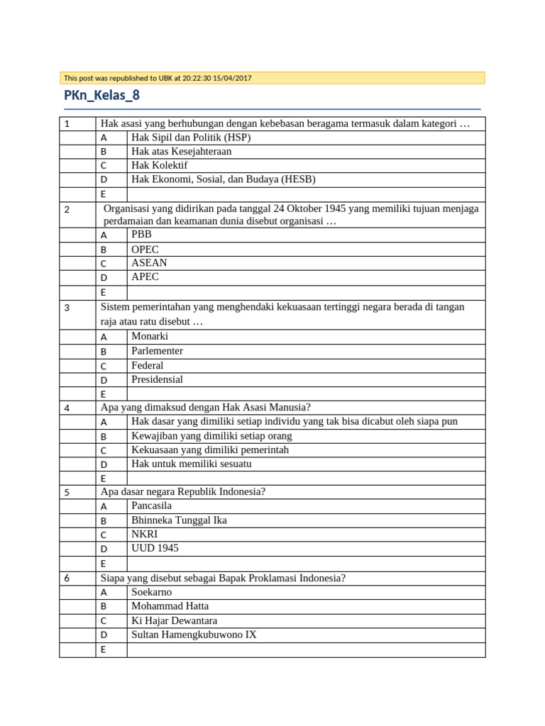 Soal Pas PKN Kelas Viii A, B, C, D | PDF