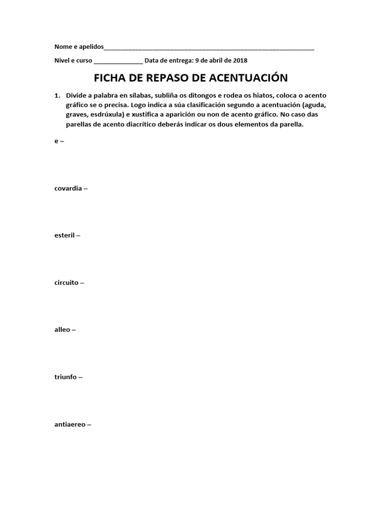 FICHA REPASO ACENTUACIÓN 9 de Abril de 2018 | PDF