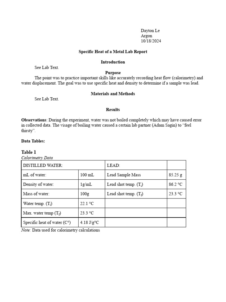 Specific Heat of A Metal | PDF | Density | Heat
