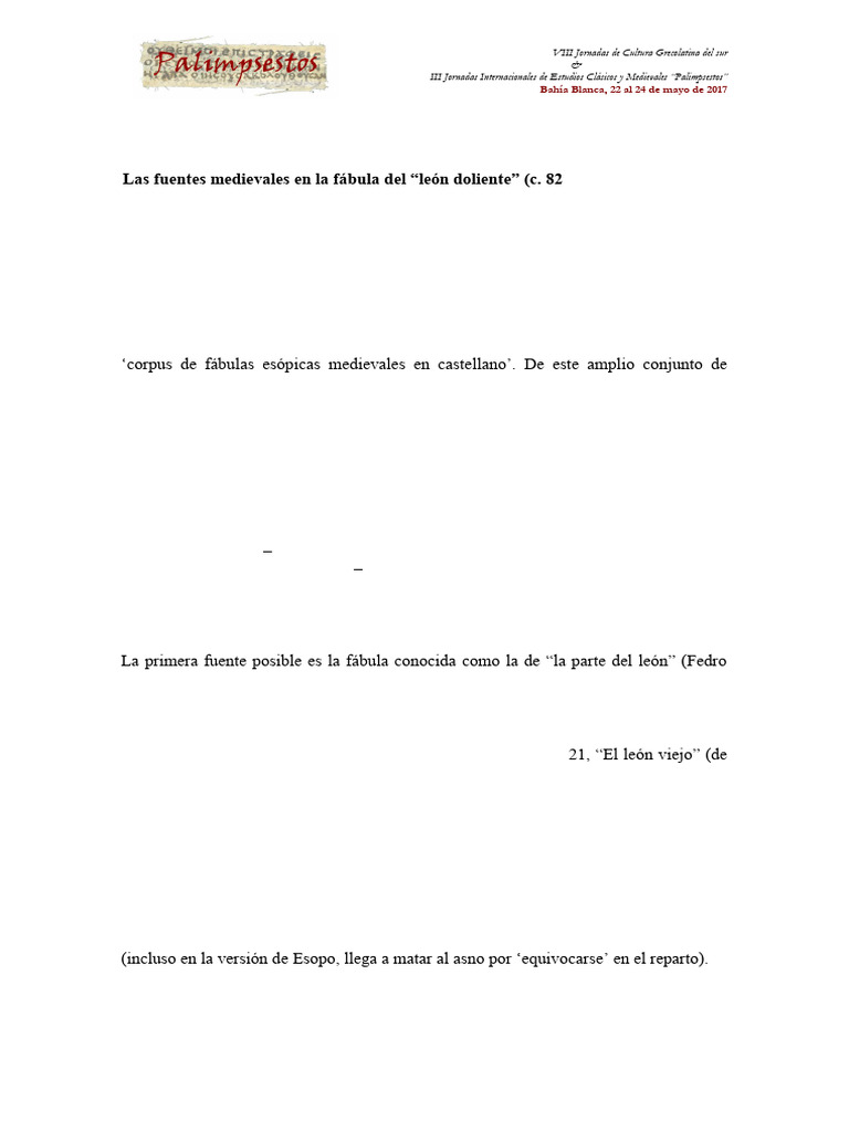 Las Fuentes Medievales en La Fábula Del "León Doliente" (C. 82-88) Del ...