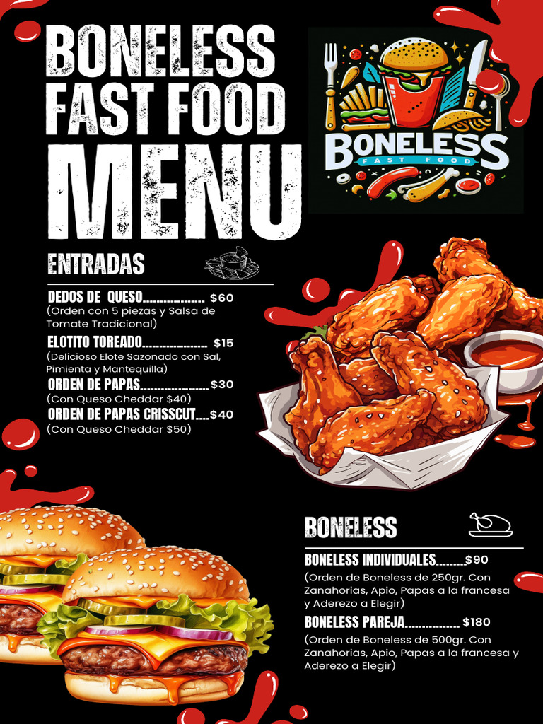 Menú de Fast Food: Hamburguesas y Boneless | PDF
