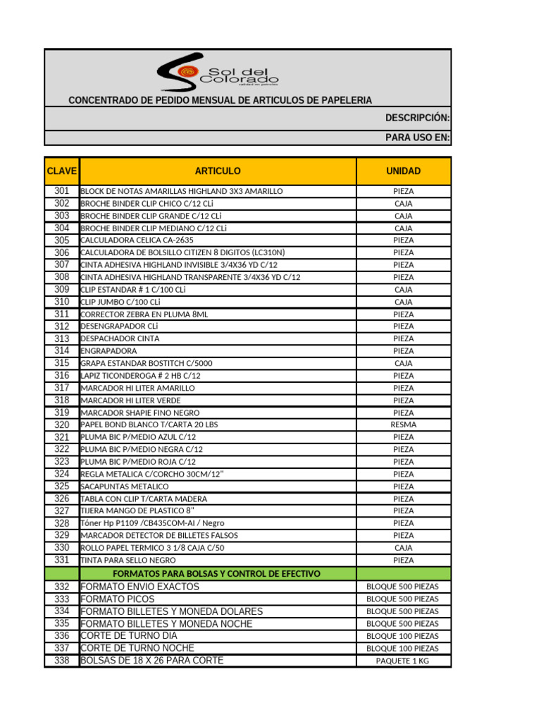 Formato de Pedido de Papeleria de Estaciones de Sol Del Colorado | PDF ...
