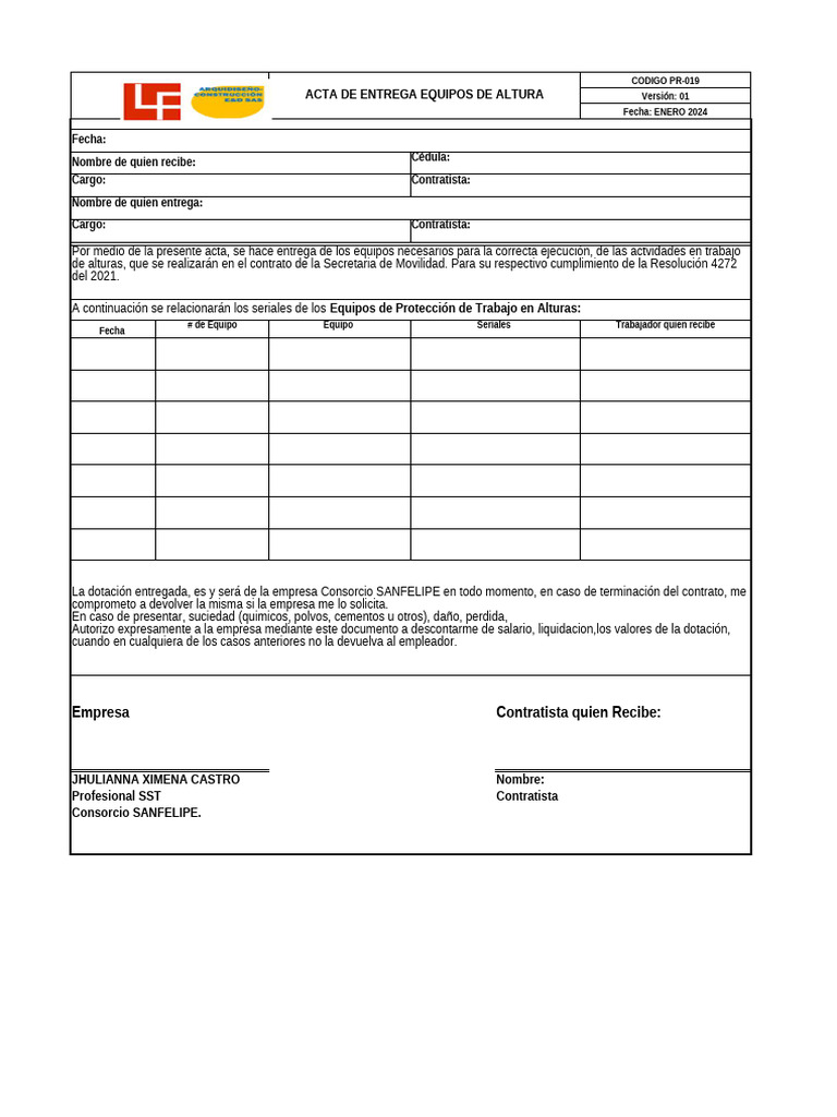 PR-019. Acta de Entrega Equipos de Altura. | PDF