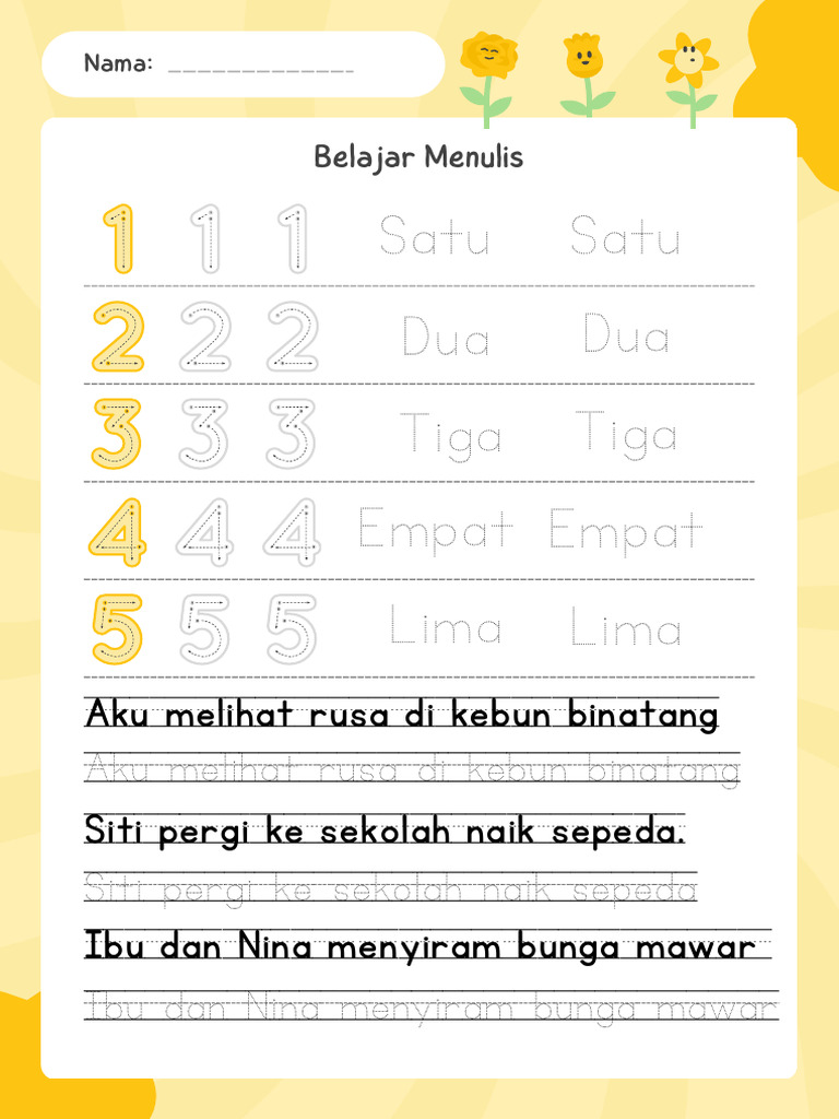 Belajar Menulis Menebalkan Angka 1-10 Lembar Kerja Kuning Sederhana ...