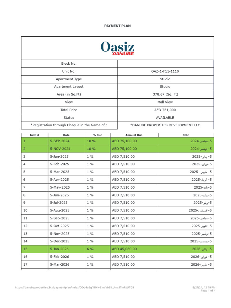 Danube Properties 1% Payment Plan Details | PDF