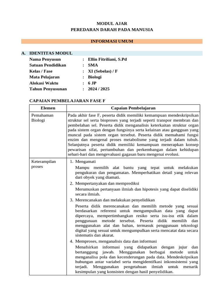 Modul Ajar - Sistem Peredaran Darah Manusia | PDF