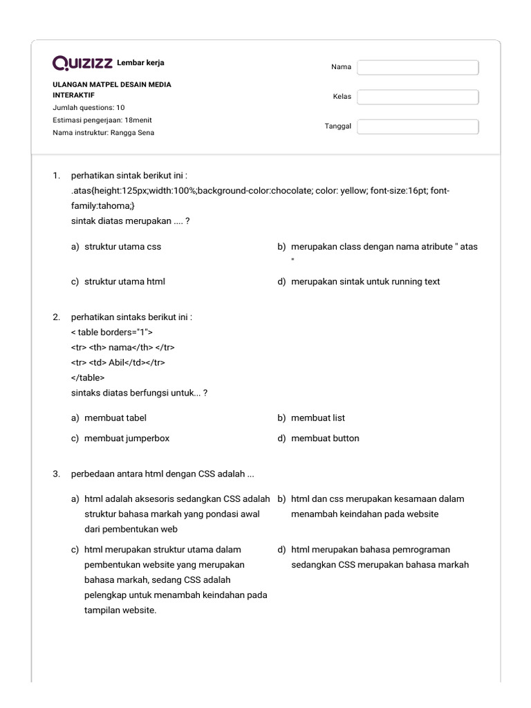 ULANGAN MATPEL DESAIN MEDIA INTERAKTIF - Quizizz | PDF | Seni | Komputer