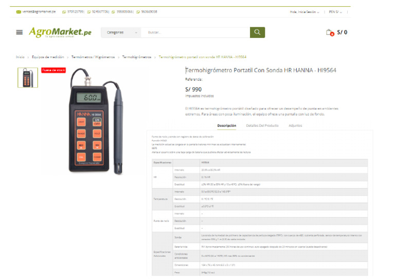 Termohigrometro Portatil Con Sonda HR Hanna - Hi9564 | PDF