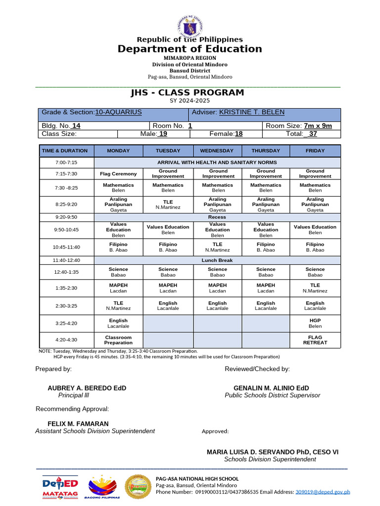 Template For Classs Program Grade 9 and 10 SY 24 25 | PDF