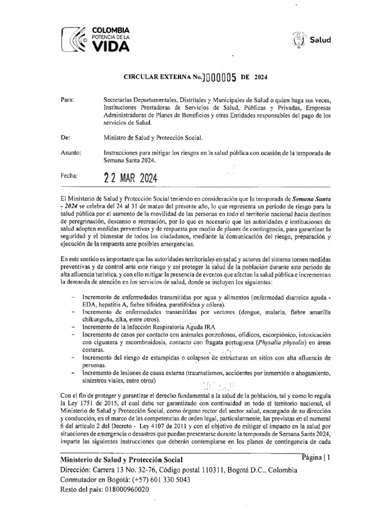 Circular Externa No. 005 de 2024 | PDF | Colombia | Bogotá