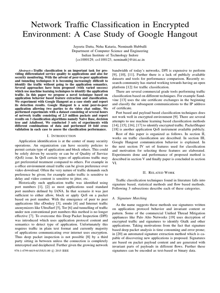 Network Traffic Classification in Encrypted Environment A Case Study of Google Hangout | PDF ...