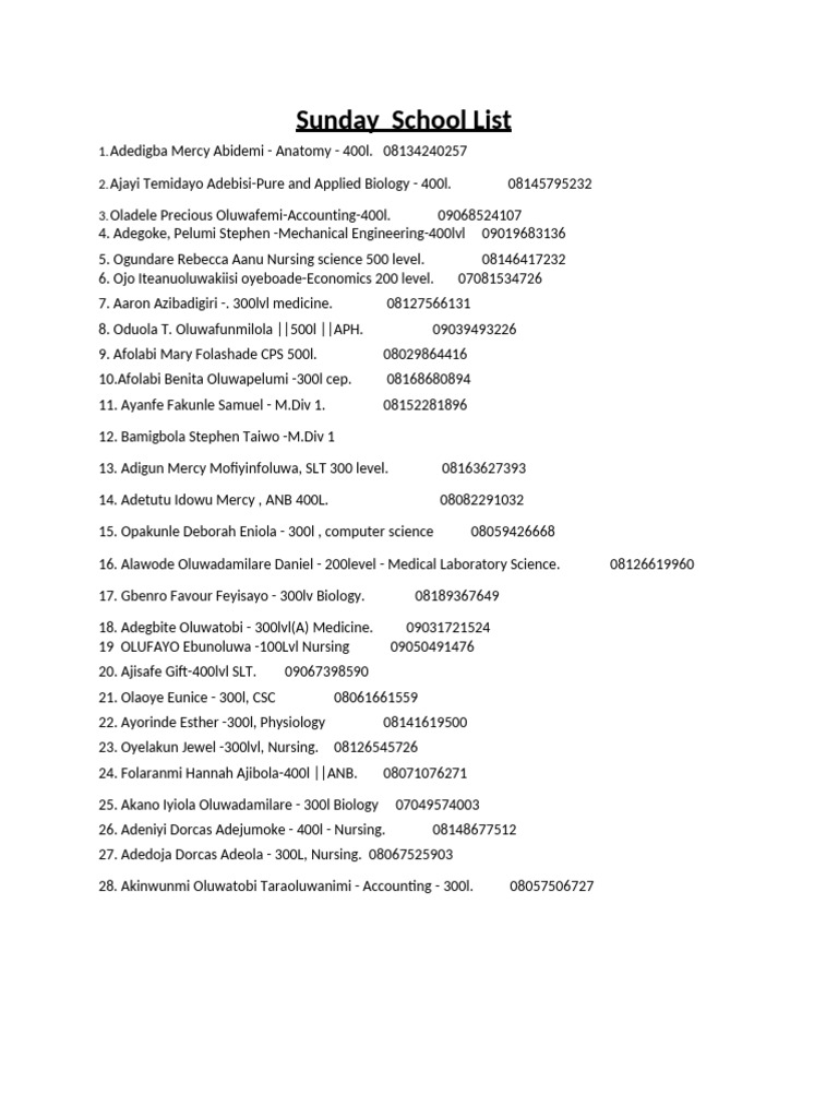 Student Sunday School Roster | PDF