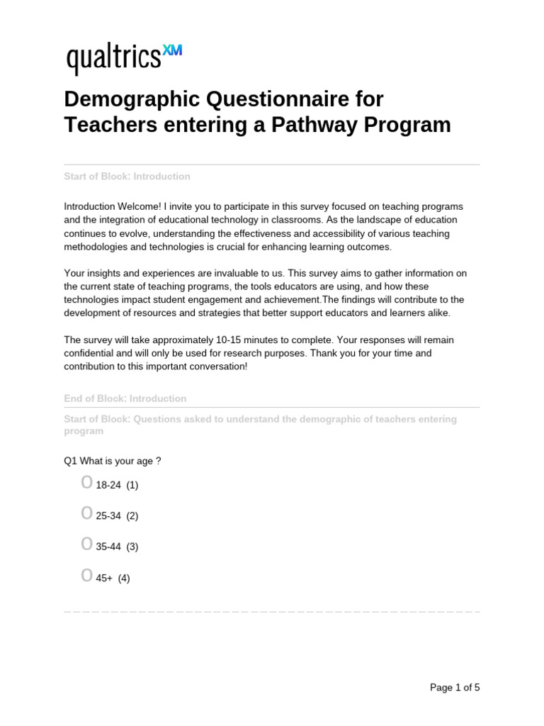 Demographic Questionnaire For Teachers Entering A Pathway Program | PDF ...