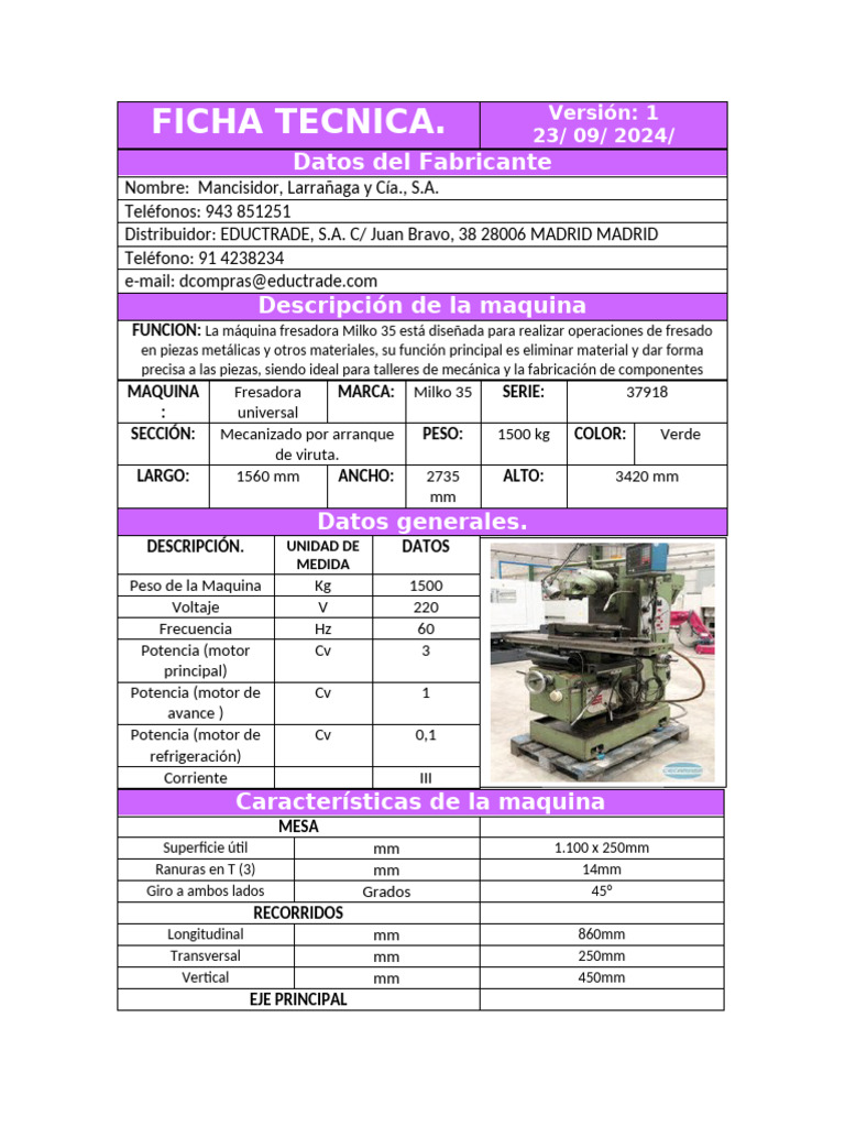 Fresadora Universal Milko 35: Ficha Técnica | PDF | Máquinas