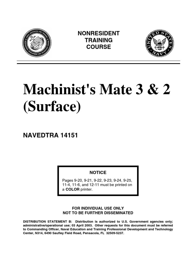 US Navy Course NAVEDTRA 14151 - Machinist's Mate 3&2 (Surface) | PDF ...