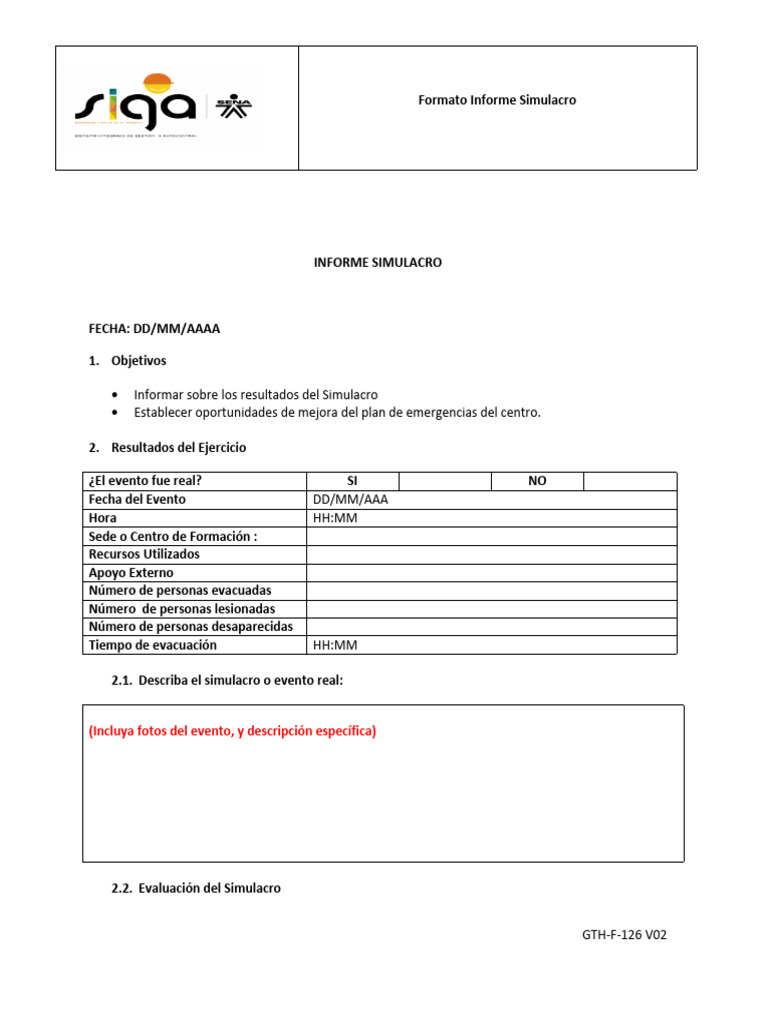 GTH-F-126 Informe Simulacro V02 | PDF