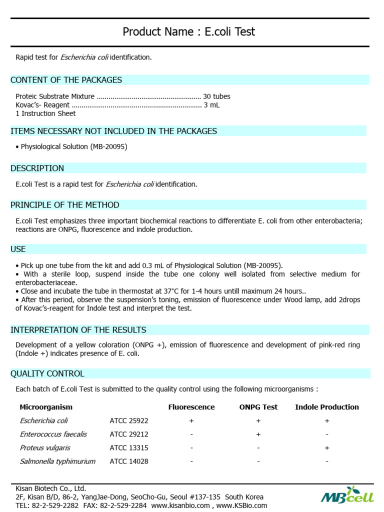 MB-88006 E.coli Test | PDF | Escherichia Coli | Microbiology