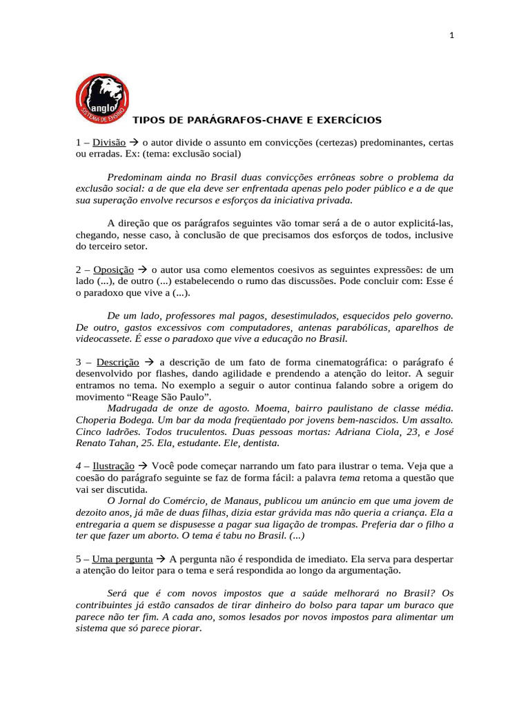 Tipos de Parágrafos e Exercícios | PDF