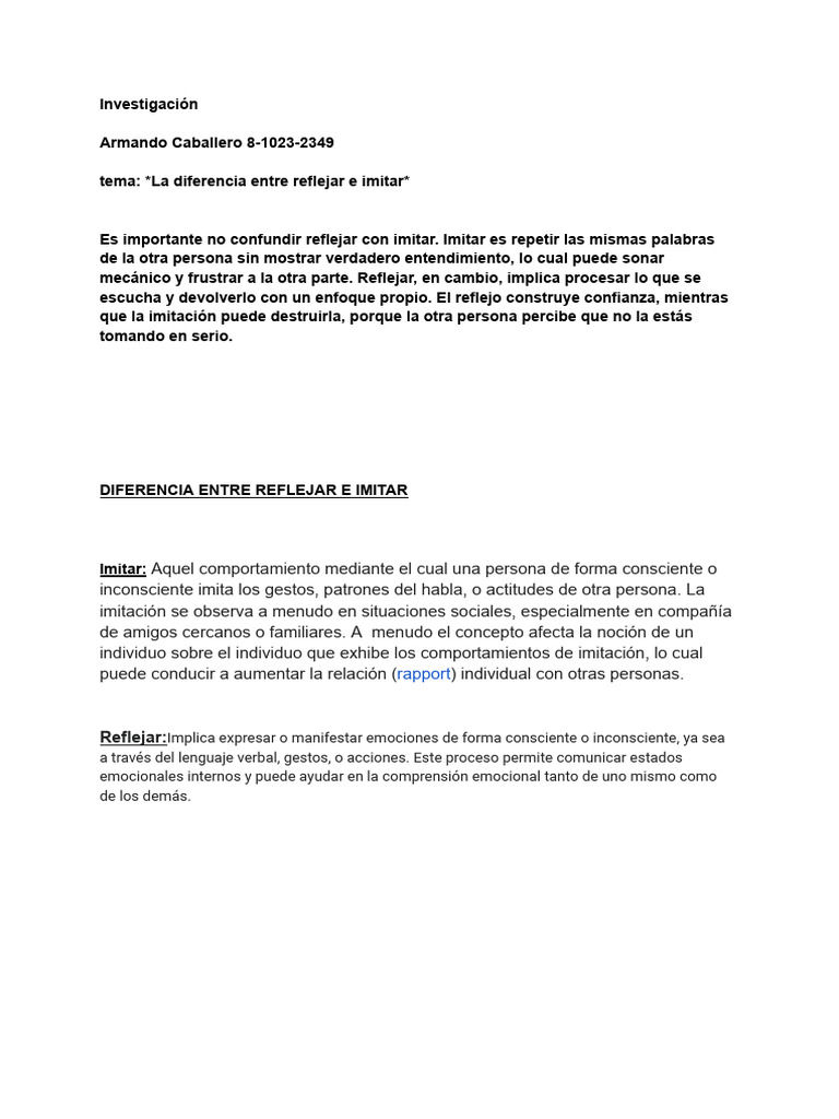 Diferencias entre imitar y reflejar | PDF | Las emociones | Comportamiento