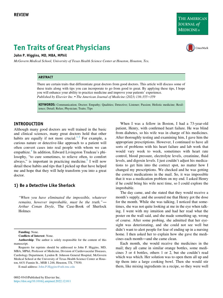 Ten Traits of Great Physicians | PDF | Physician | Empathy