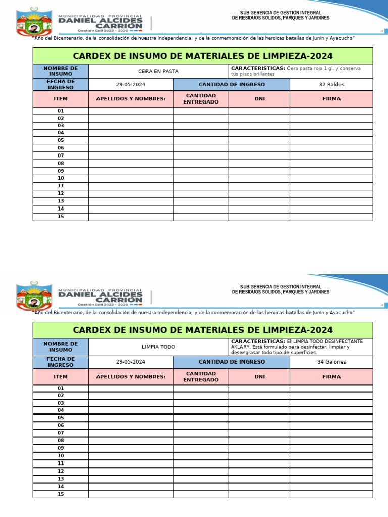 Cardex de Insumo de Insumo | PDF | Materiales