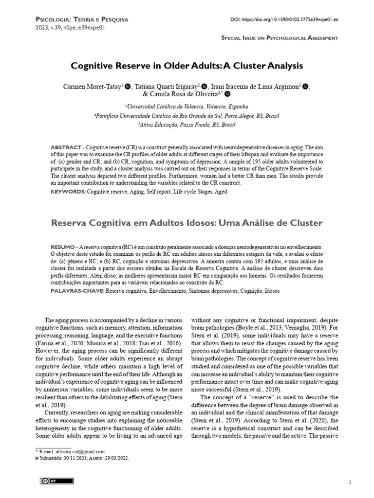 Cognitive Reserve in Older Adults A Cluster Analysis. | PDF | Cognition ...