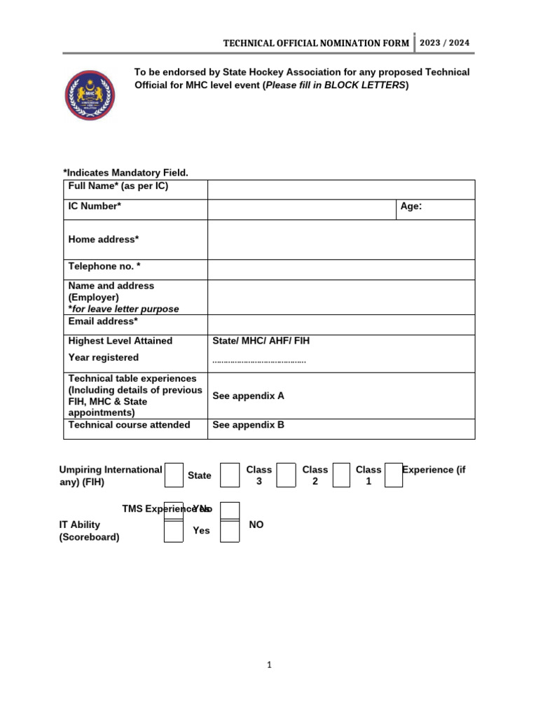 Technical Official Nomination Form 2023 | PDF