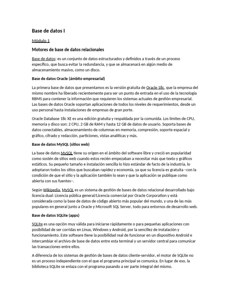 Base de Datos I Resumen Modulo 1 | PDF | Base de datos relacional | Mi sql