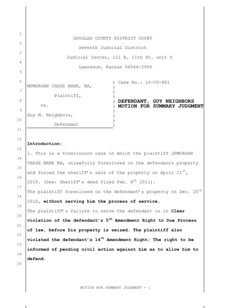Defendants Motion For Summary Judgment | PDF | Foreclosure | Summary Judgment