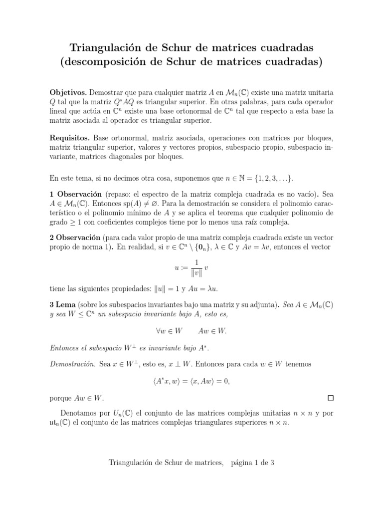 Triangulación de Schur en Matrices Cuadradas | PDF | Matriz ...