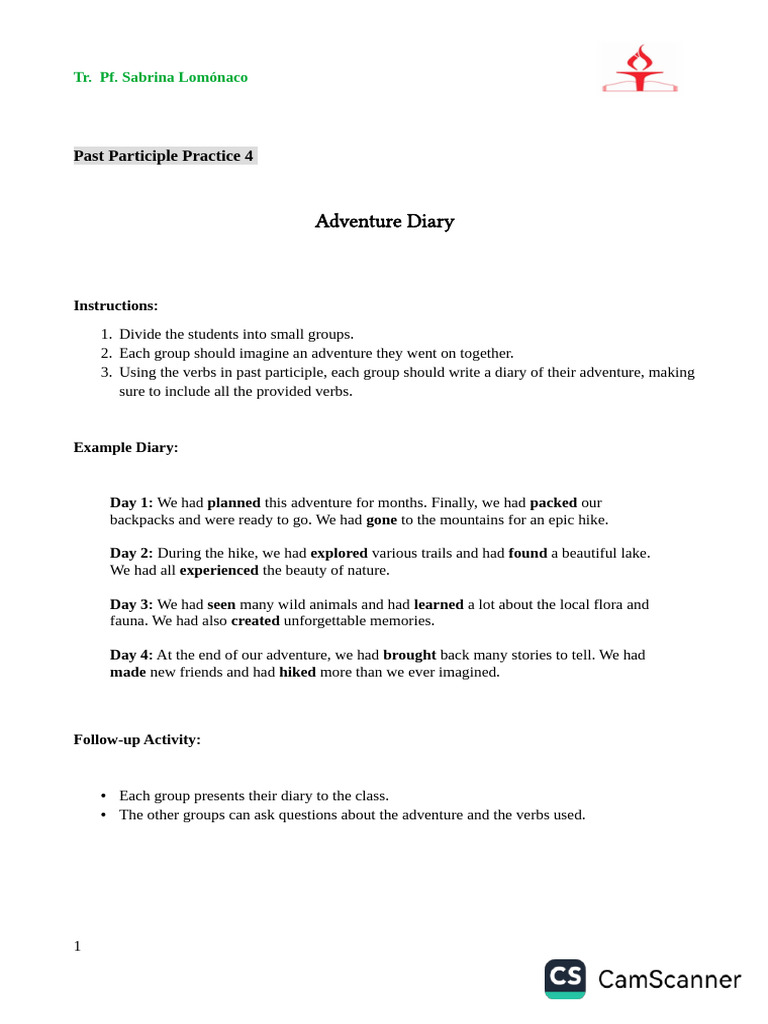 Adventure Diary PAST PARTICIPLE 4 - Student | PDF