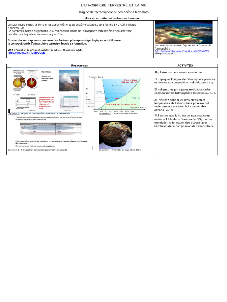 Td1 Latmosphère Terrestre Et La Vie Atm Primitive Pdf Atmosphère