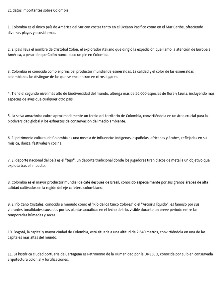 21 Datos Importantes Sobre Colombia | PDF | Colombia | América del Sur