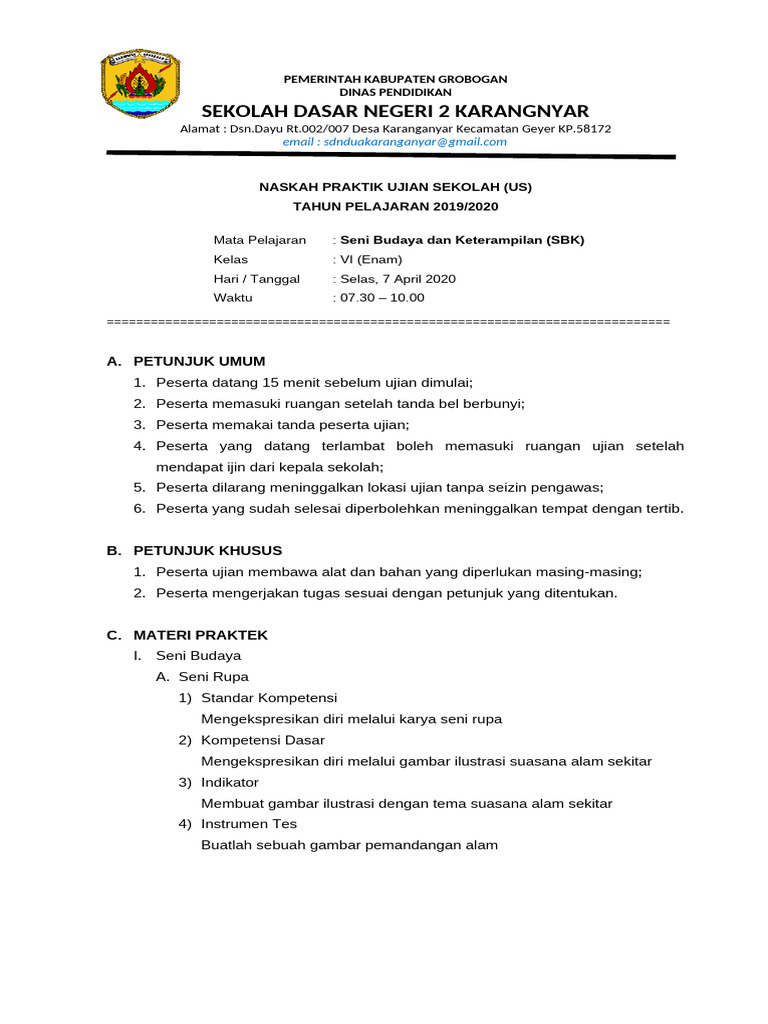 Naskah Ujian Praktik SBK Kelas 6 Tahun 2020 | PDF