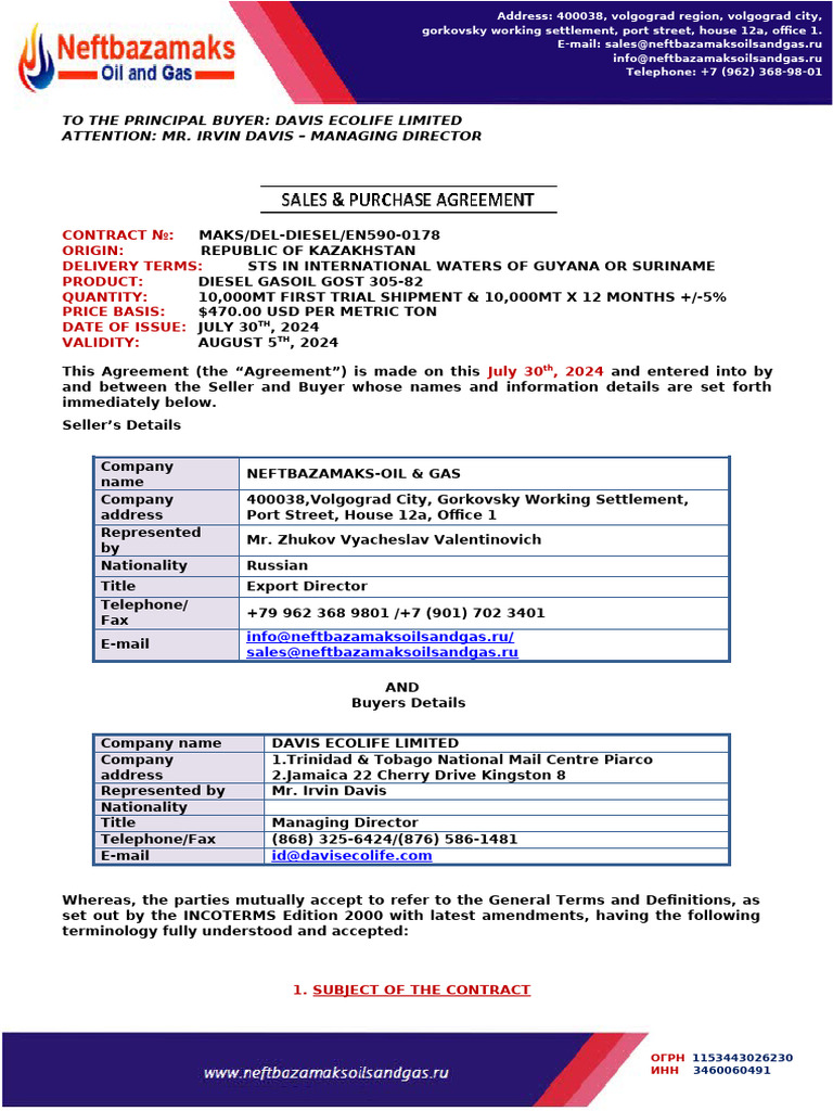 Neftbazamaks-Oil & Gas-Sales Purchase Agreement For Davis Ecolife ...
