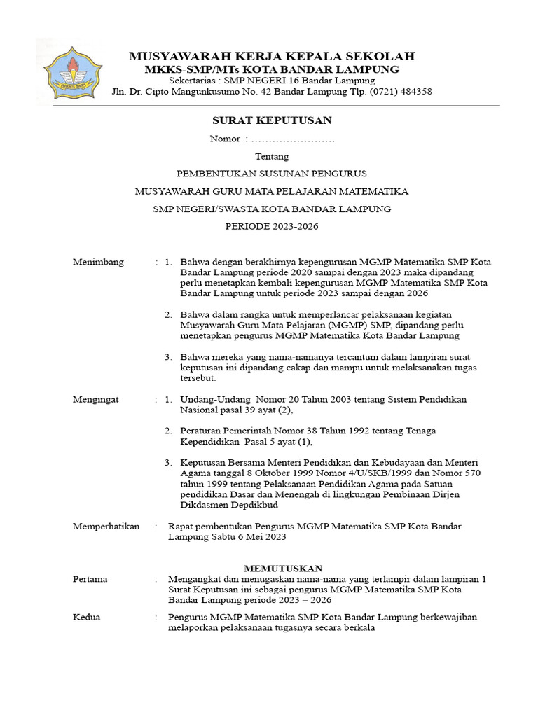 Susunan Pengurus MGMP | PDF