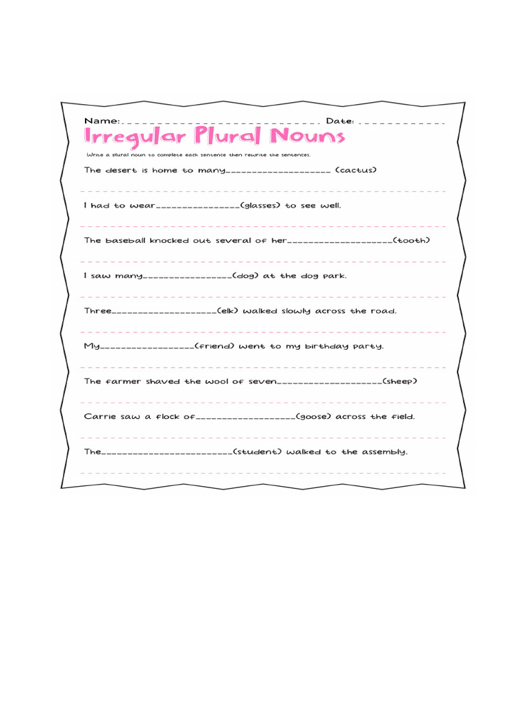 Irregular Plural Nouns Worksheet 4th Grade - 7304.png | PDF