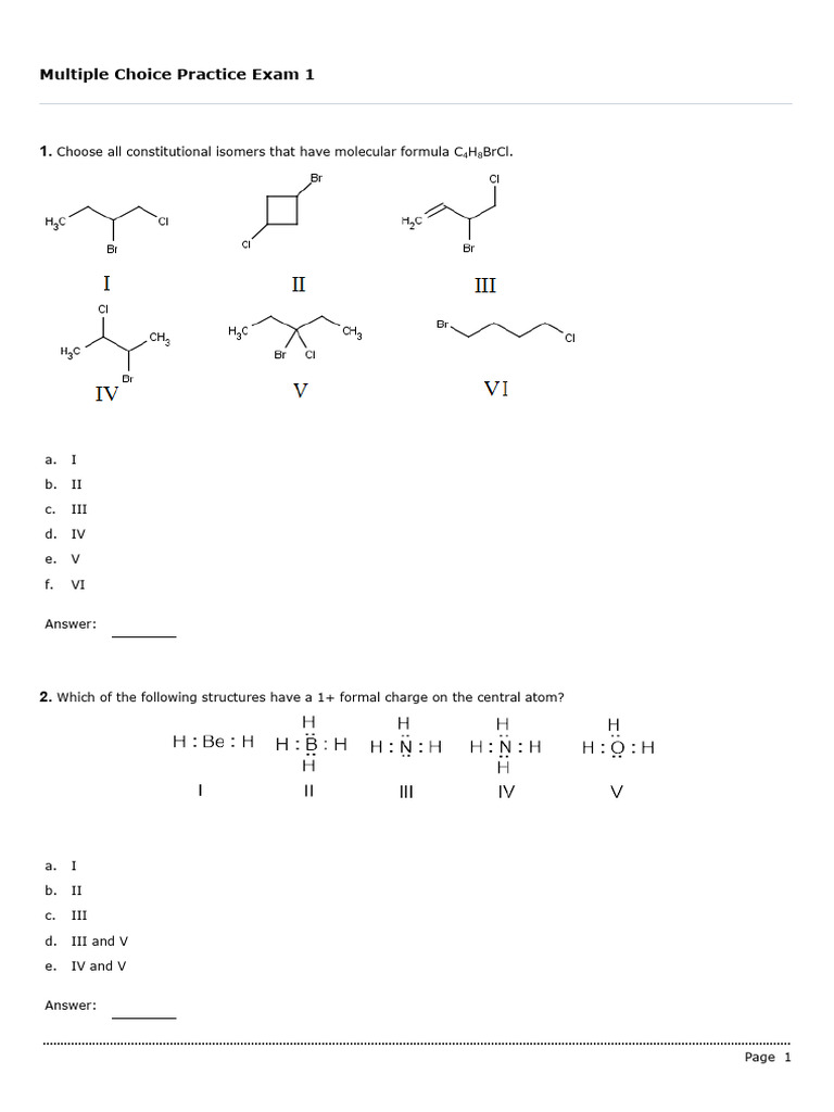 Multiple Choice Practice Test 1 | PDF | Conformational Isomerism | Ketone
