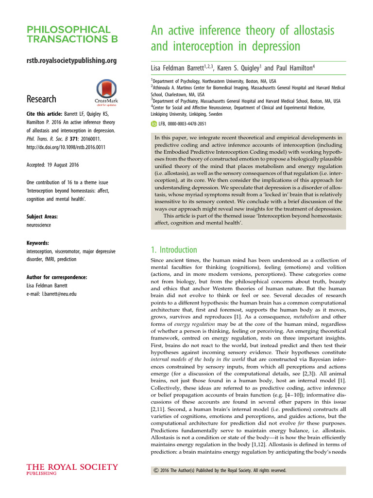 Feldman Barrett. 2016. An active inference theory of allostasis and interoception in depression ...