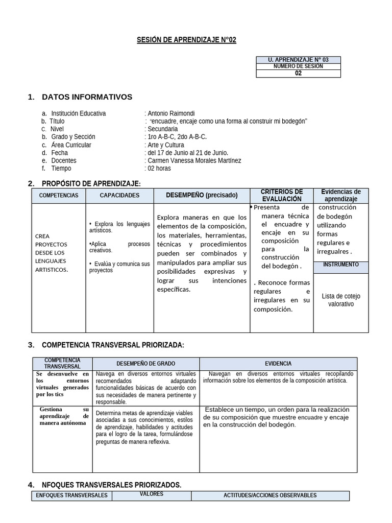 SESIÓN DE APRENDIZAJE N 02 encaje y encuadre | PDF | Aprendizaje | Evaluación