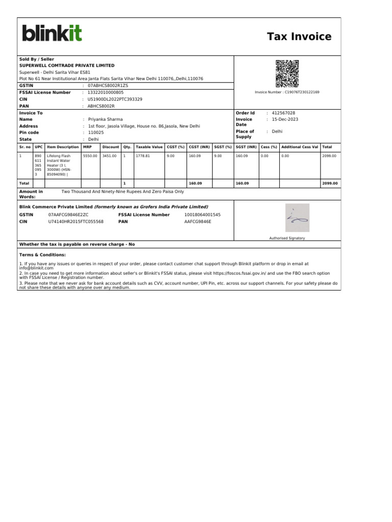 LifeLong Geyser Invoice - ORD044346037 | PDF | Invoice | Taxation