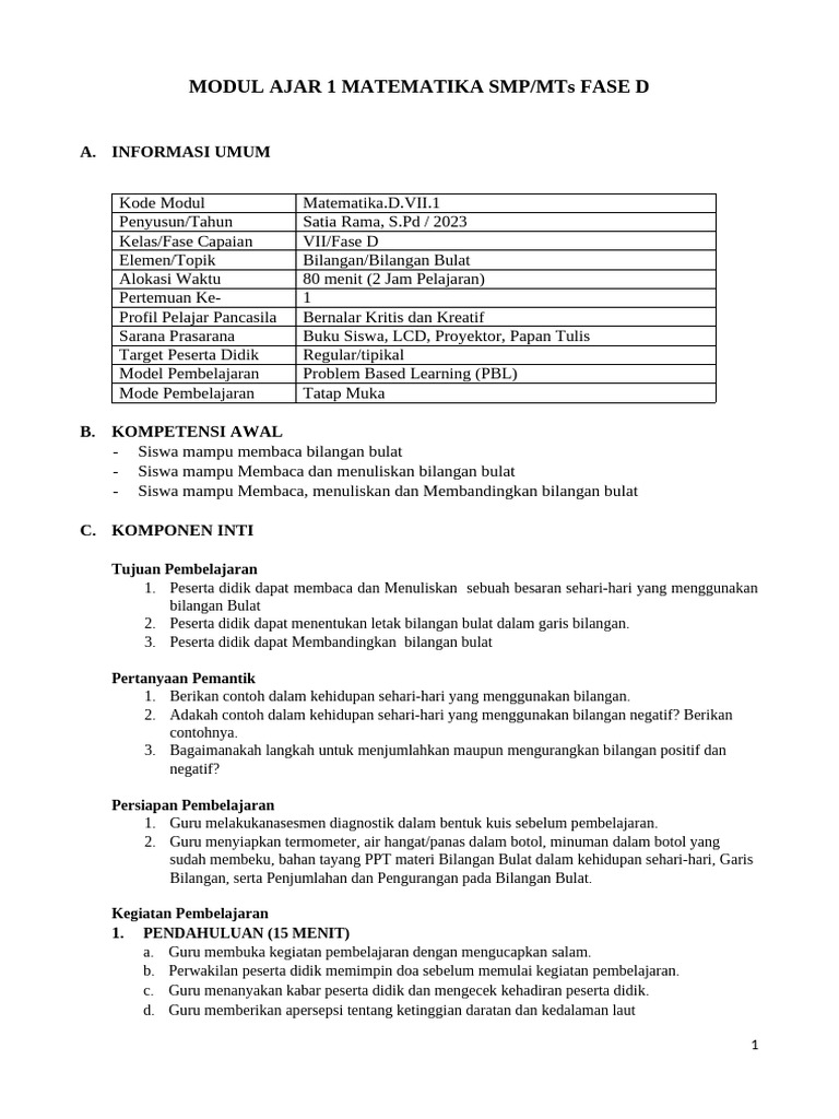 MODUL AJAR MATEMATIKA SMP KELAS VII BAB 1 - Revisi | PDF | Karier & Perkembangan | Seni