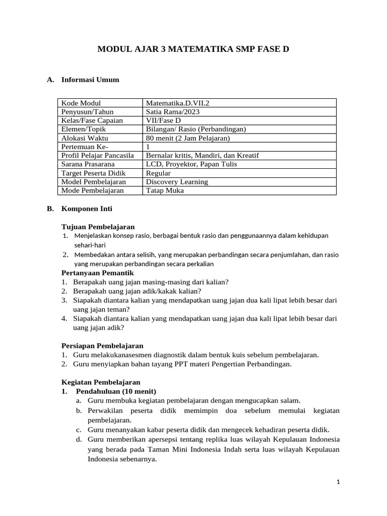 MODUL AJAR MATEMATIKA SMP KELAS VII BAB 3 - Revisi | PDF