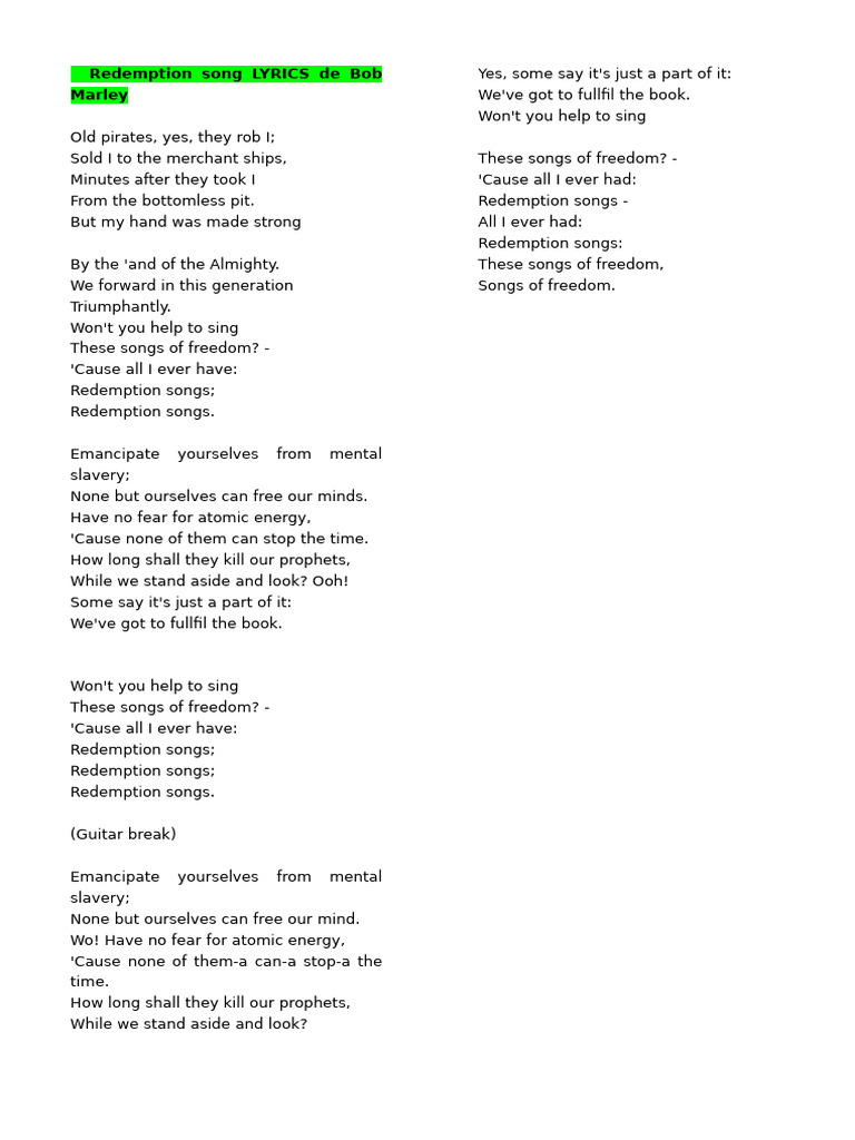 Redemption Song LYRICS de Bob Marley | PDF | Poetry