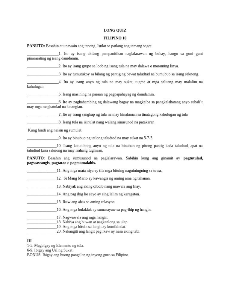 Long Quiz Fil | PDF