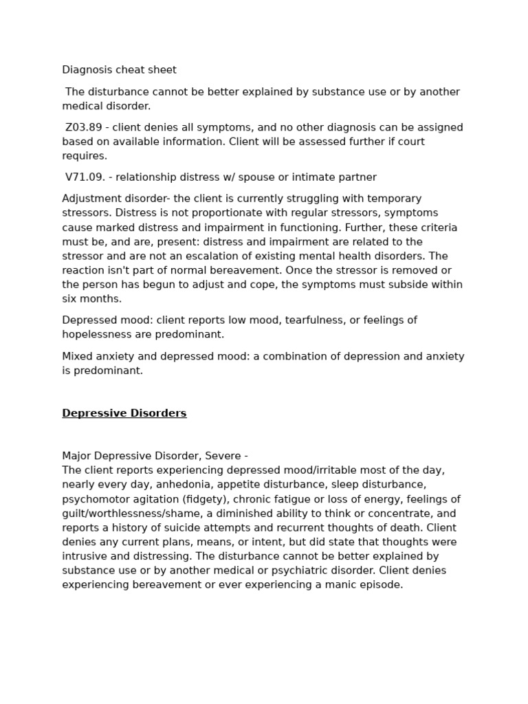 MH Diagnosis Cheat Sheet | PDF | Mental Disorder | Psychological Trauma